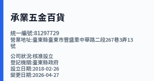 承業五金百貨的照片-統編 81297729(臺東縣) 公司登記資料與營業項目詳細圖表