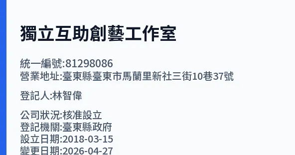 獨立互助創藝工作室的照片-統編 81298086(臺東縣) 公司登記資料與營業項目詳細圖表
