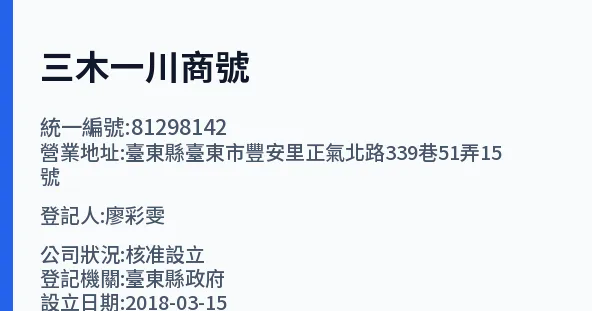 三木一川商號的照片-統編 81298142(臺東縣) 公司登記資料與營業項目詳細圖表