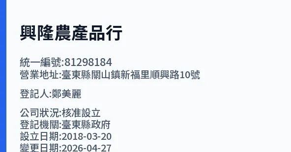 興隆農產品行的照片-統編 81298184(臺東縣) 公司登記資料與營業項目詳細圖表