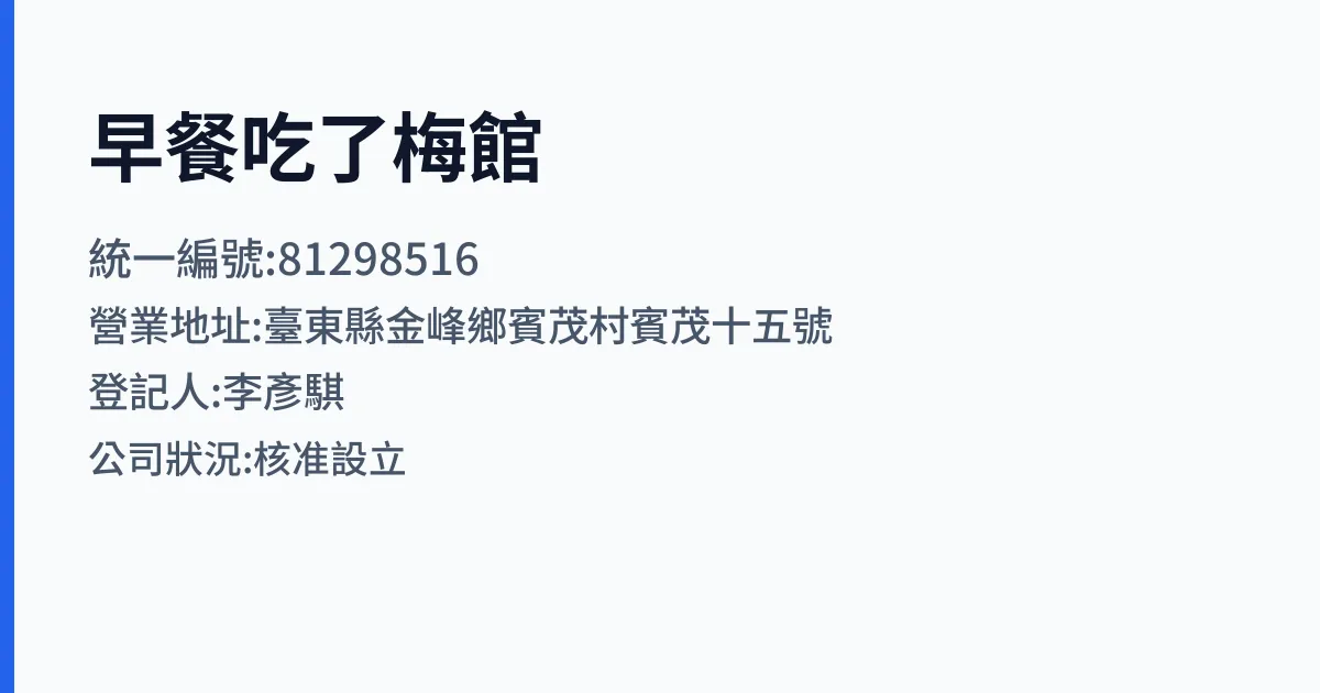 早餐吃了梅館 - 統編 81298516(臺東縣) 公司登記資料與營業項目詳細圖表