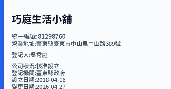 巧庭生活小舖的照片-統編 81298760(臺東縣) 公司登記資料與營業項目詳細圖表