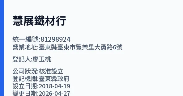 慧展鐵材行的照片-統編 81298924(臺東縣) 公司登記資料與營業項目詳細圖表
