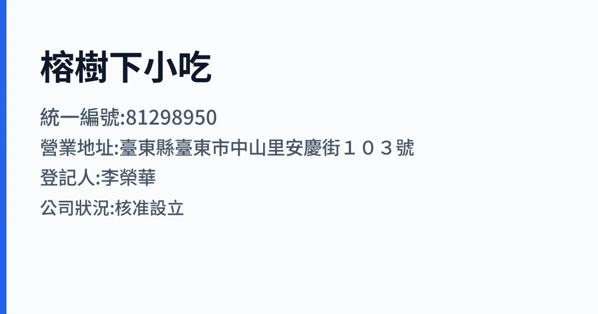 榕樹下小吃 - 統編 81298950(臺東縣) 公司登記資料與營業項目詳細圖表