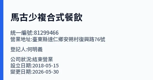 馬古少複合式餐飲的照片-統編 81299466(臺東縣) 公司登記資料與營業項目詳細圖表