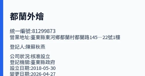 都蘭外燴的照片-統編 81299873(臺東縣) 公司登記資料與營業項目詳細圖表