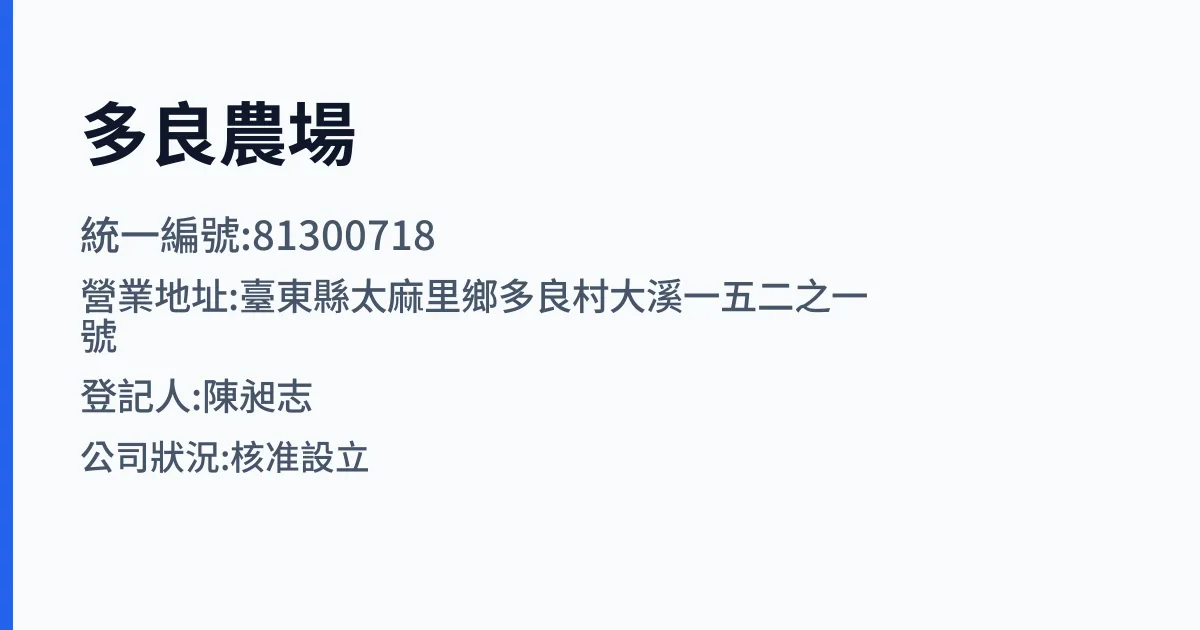 多良農場 - 統編 81300718(臺東縣) 公司登記資料與營業項目詳細圖表