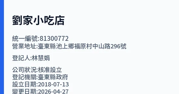 劉家小吃店的照片-統編 81300772(臺東縣) 公司登記資料與營業項目詳細圖表