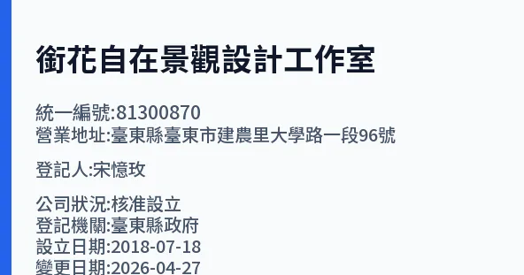 銜花自在景觀設計工作室的照片-統編 81300870(臺東縣) 公司登記資料與營業項目詳細圖表