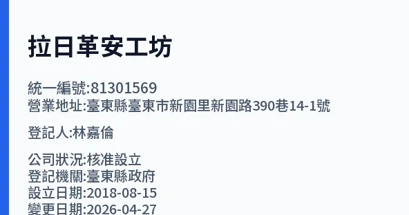 拉日革安工坊的照片-統編 81301569(臺東縣) 公司登記資料與營業項目詳細圖表