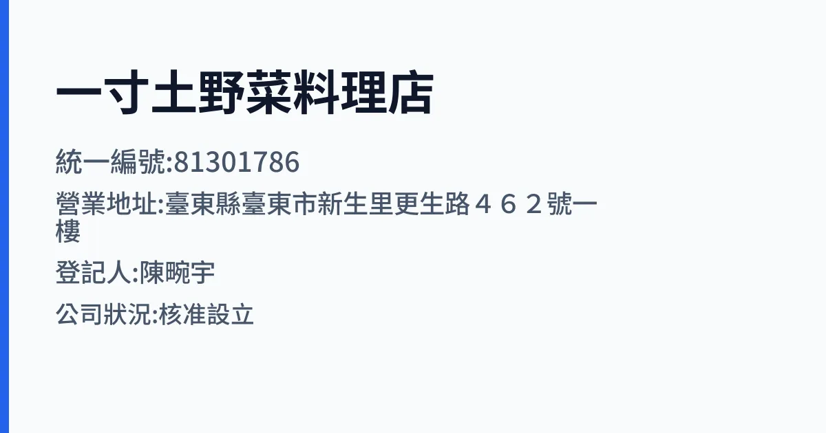 一寸土野菜料理店 - 統編 81301786(臺東縣) 公司登記資料與營業項目詳細圖表