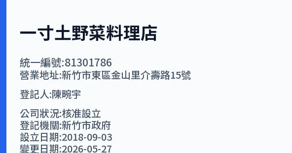 一寸土野菜料理店的照片-統編 81301786(新竹市) 公司登記資料與營業項目詳細圖表