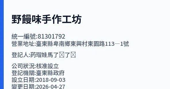 野饅味手作工坊的照片-統編 81301792(臺東縣) 公司登記資料與營業項目詳細圖表