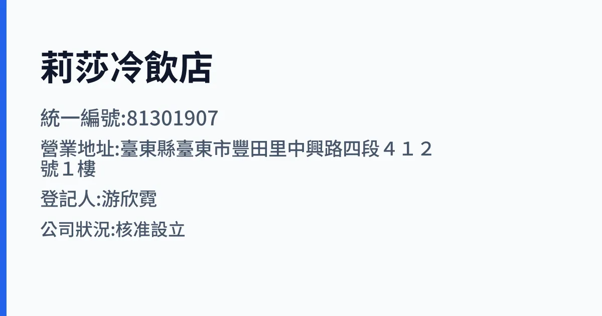 莉莎冷飲店 - 統編 81301907(臺東縣) 公司登記資料與營業項目詳細圖表