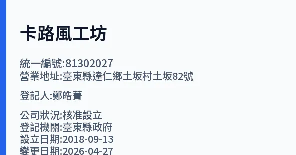 卡路風工坊的照片-統編 81302027(臺東縣) 公司登記資料與營業項目詳細圖表