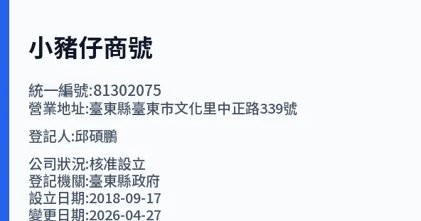 小豬仔商號的照片-統編 81302075(臺東縣) 公司登記資料與營業項目詳細圖表