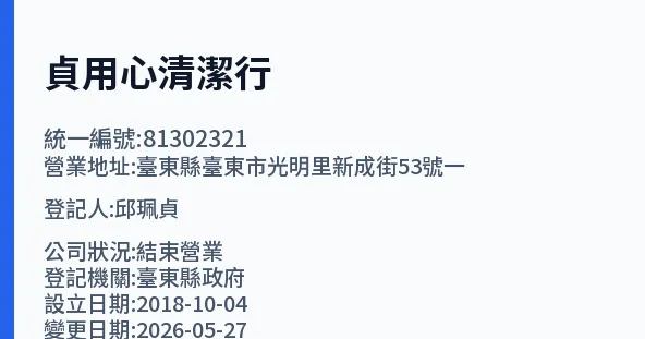貞用心清潔行的照片-統編 81302321(臺東縣) 公司登記資料與營業項目詳細圖表