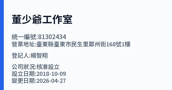 董少爺工作室的照片-統編 81302434(臺東縣) 公司登記資料與營業項目詳細圖表