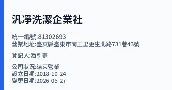 汎凈洗潔企業社的照片-統編 81302693(臺東縣) 公司登記資料與營業項目詳細圖表