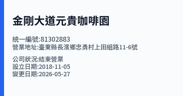金剛大道元貴咖啡園的照片-統編 81302883(臺東縣) 公司登記資料與營業項目詳細圖表