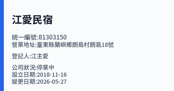 江愛民宿的照片-統編 81303150(臺東縣) 公司登記資料與營業項目詳細圖表