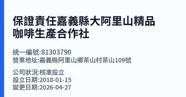 保證責任嘉義縣大阿里山精品咖啡生產合作社的照片-統編 81303790(嘉義縣) 公司登記資料與營業項目詳細圖表