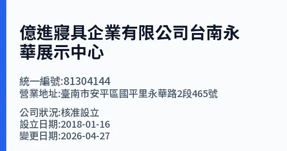 億進寢具企業有限公司台南永華展示中心的照片-統編 81304144(臺南市) 公司登記資料與營業項目詳細圖表