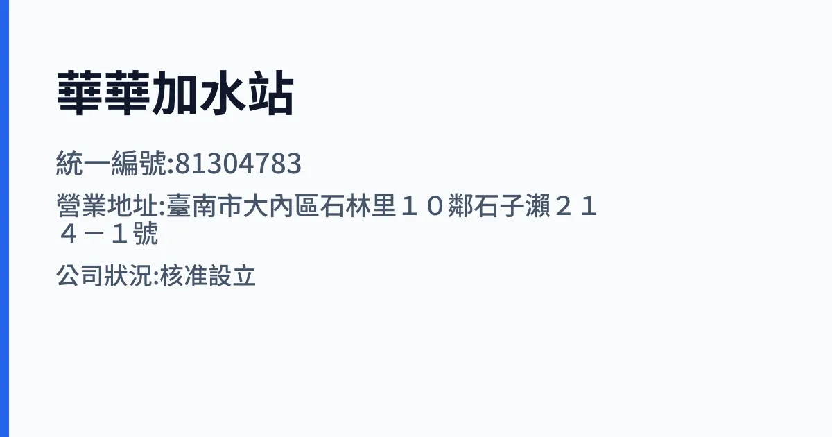 華華加水站 - 統編 81304783(臺南市) 公司登記資料與營業項目詳細圖表