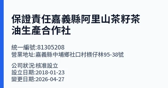 保證責任嘉義縣阿里山茶籽茶油生產合作社的照片-統編 81305208(嘉義縣) 公司登記資料與營業項目詳細圖表