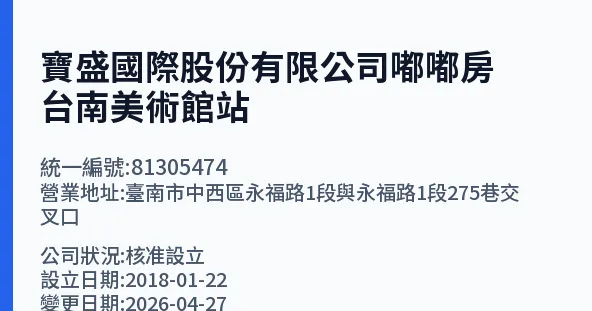 寶盛國際股份有限公司嘟嘟房台南美術館站的照片-統編 81305474(臺南市) 公司登記資料與營業項目詳細圖表