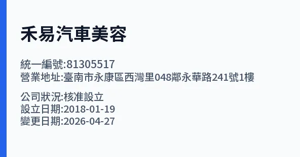 禾易汽車美容的照片-統編 81305517(臺南市) 公司登記資料與營業項目詳細圖表