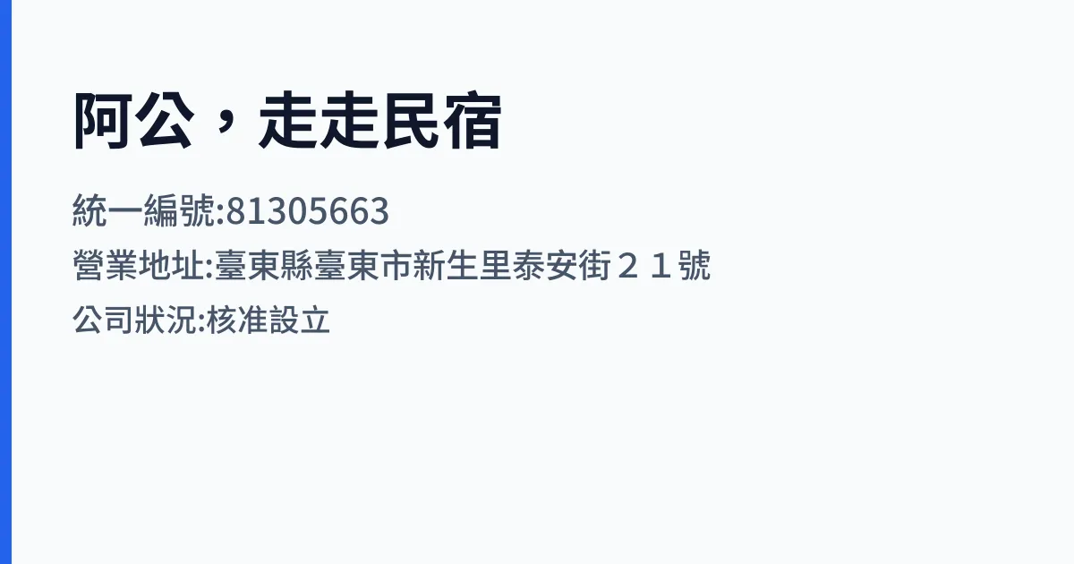 阿公,走走民宿 - 統編 81305663(臺東縣) 公司登記資料與營業項目詳細圖表