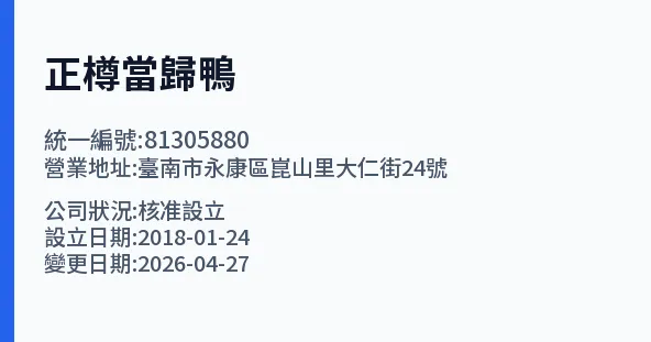正樽當歸鴨的照片-統編 81305880(臺南市) 公司登記資料與營業項目詳細圖表