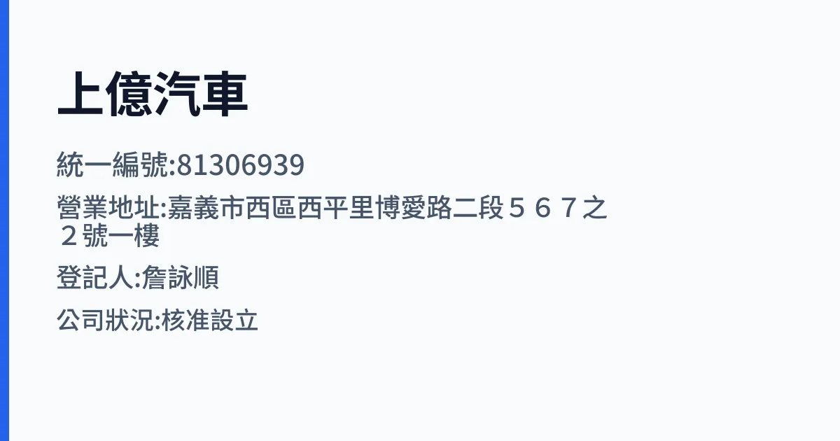 上億汽車 - 統編 81306939(嘉義市) 公司登記資料與營業項目詳細圖表