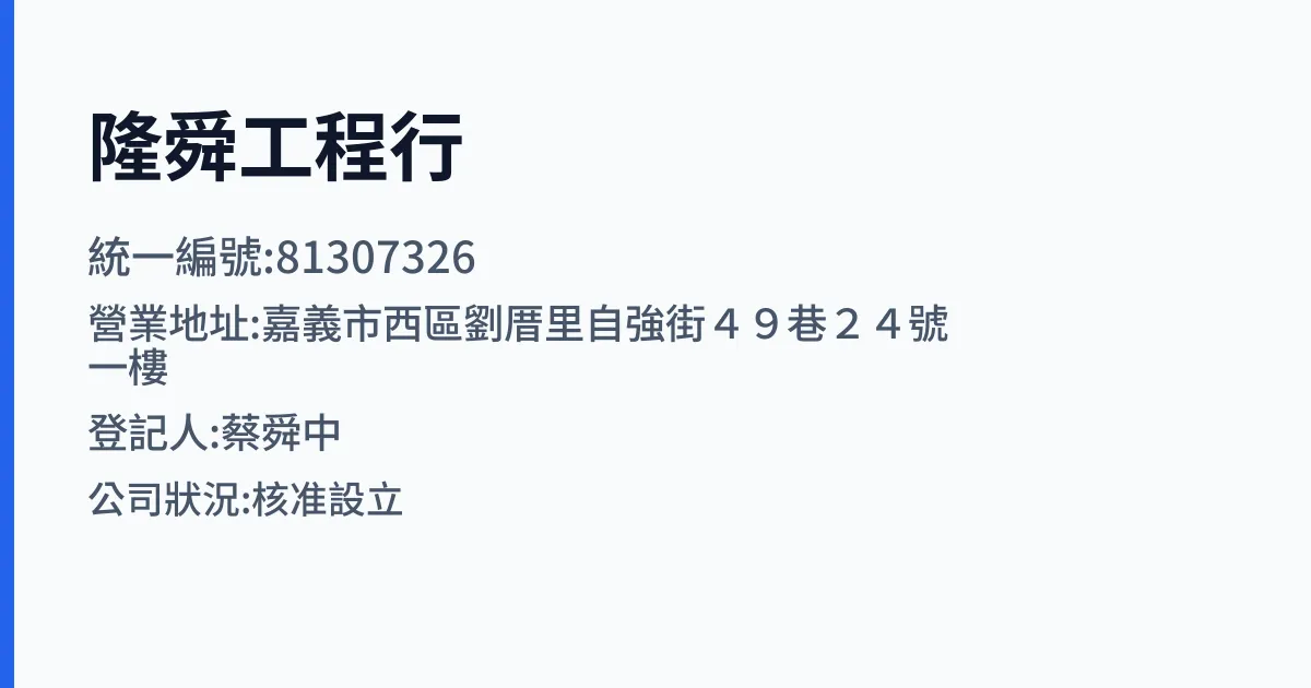 隆舜工程行 - 統編 81307326(嘉義市) 公司登記資料與營業項目詳細圖表