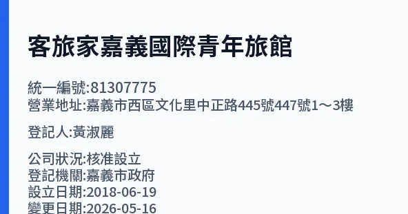 客旅家嘉義國際青年旅館的照片-統編 81307775(嘉義市) 公司登記資料與營業項目詳細圖表
