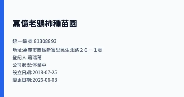 嘉億老鴉柿種苗園的照片-統編 81308893(嘉義市) 公司登記資料與營業項目詳細圖表