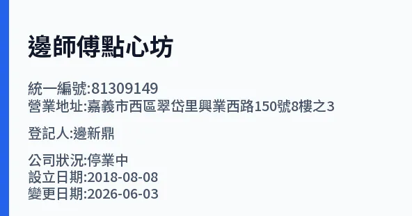邊師傅點心坊的照片-統編 81309149(嘉義市) 公司登記資料與營業項目詳細圖表