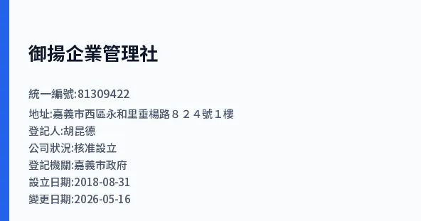 御揚企業管理社的照片-統編 81309422(嘉義市) 公司登記資料與營業項目詳細圖表
