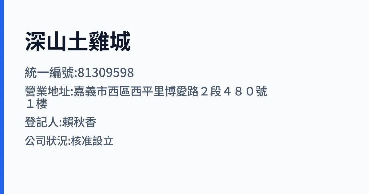 深山土雞城 - 統編 81309598(嘉義市) 公司登記資料與營業項目詳細圖表