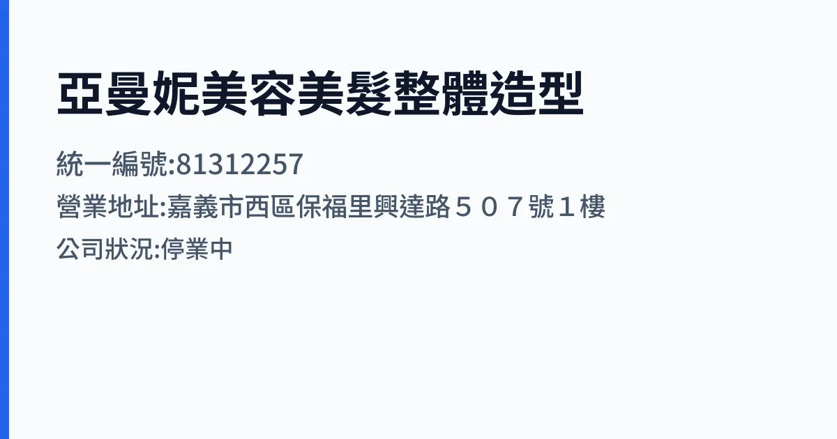 亞曼妮美容美髮整體造型 - 統編 81312257(嘉義市) 公司登記資料與營業項目詳細圖表