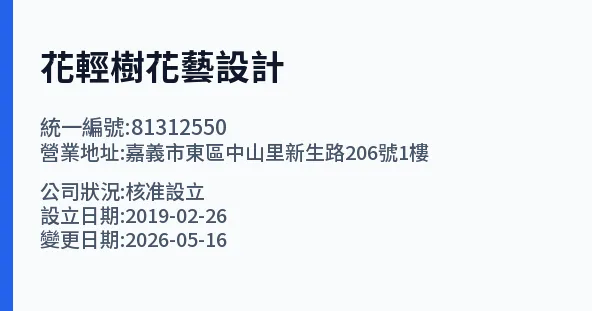 花輕樹花藝設計的照片-統編 81312550(嘉義市) 公司登記資料與營業項目詳細圖表