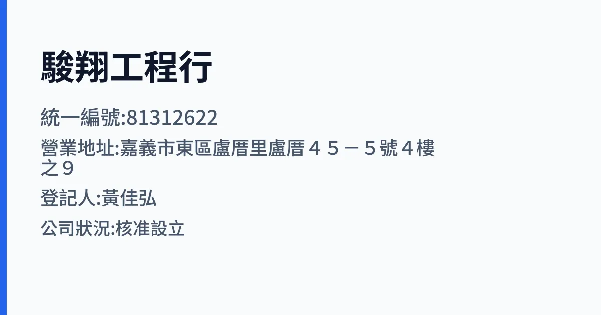駿翔工程行 - 統編 81312622(嘉義市) 公司登記資料與營業項目詳細圖表