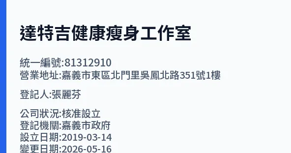 達特吉健康瘦身工作室的照片-統編 81312910(嘉義市) 公司登記資料與營業項目詳細圖表