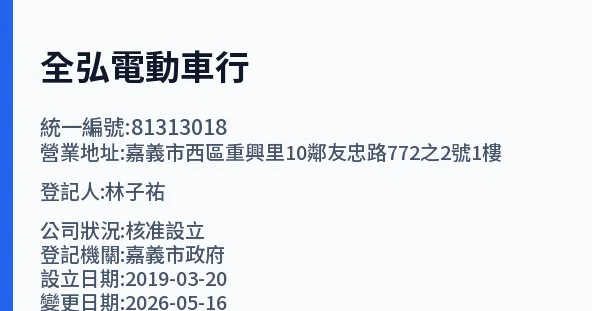 全弘電動車行的照片-統編 81313018(嘉義市) 公司登記資料與營業項目詳細圖表