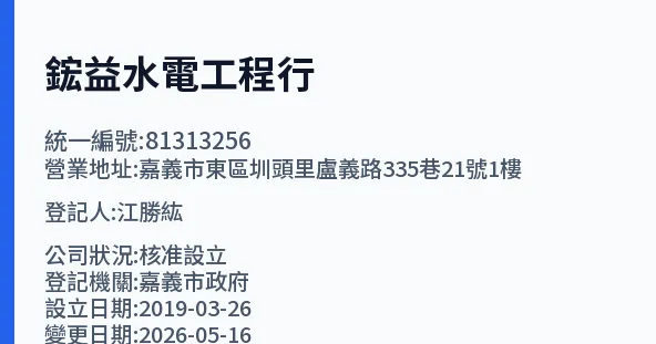 鋐益水電工程行的照片-統編 81313256(嘉義市) 公司登記資料與營業項目詳細圖表