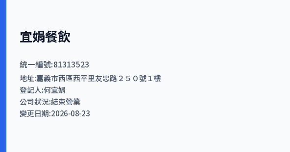 宜娟餐飲的照片-統編 81313523(嘉義市) 公司登記資料與營業項目詳細圖表