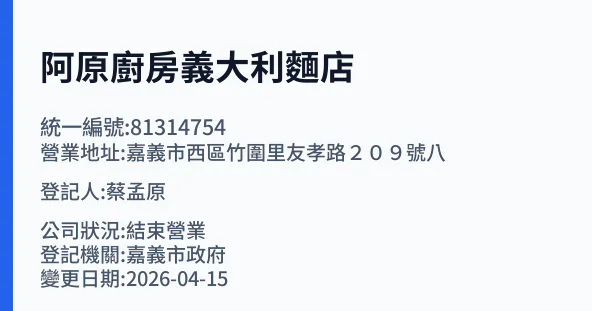 阿原廚房義大利麵店的照片-統編 81314754(嘉義市) 公司登記資料與營業項目詳細圖表