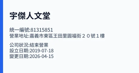 宇傑人文堂的照片-統編 81315851(嘉義市) 公司登記資料與營業項目詳細圖表