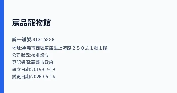 宸品寵物館的照片-統編 81315888(嘉義市) 公司登記資料與營業項目詳細圖表